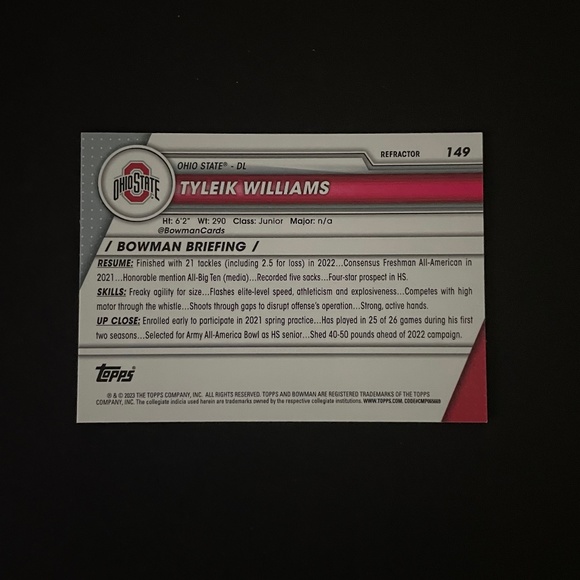 Topps | Toys | Tyleik Williams Ohio State Buckeyes Ohio State ...